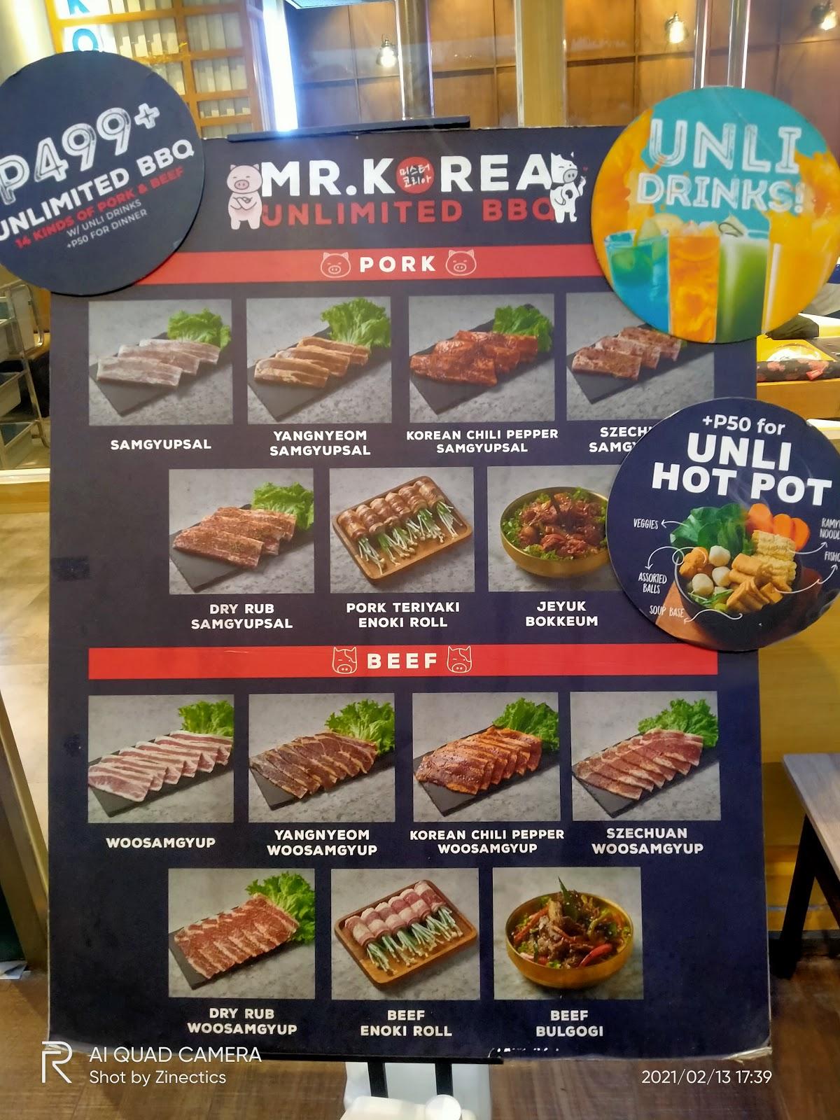Menu at Mr. Korea Unlimited BBQ, Makati, 2nd floor