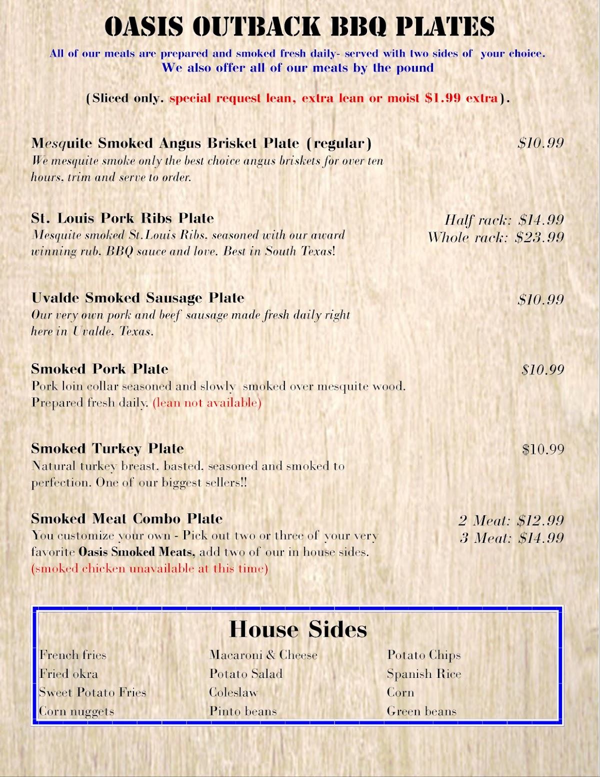 Menu at Oasis Outback restaurant, Uvalde