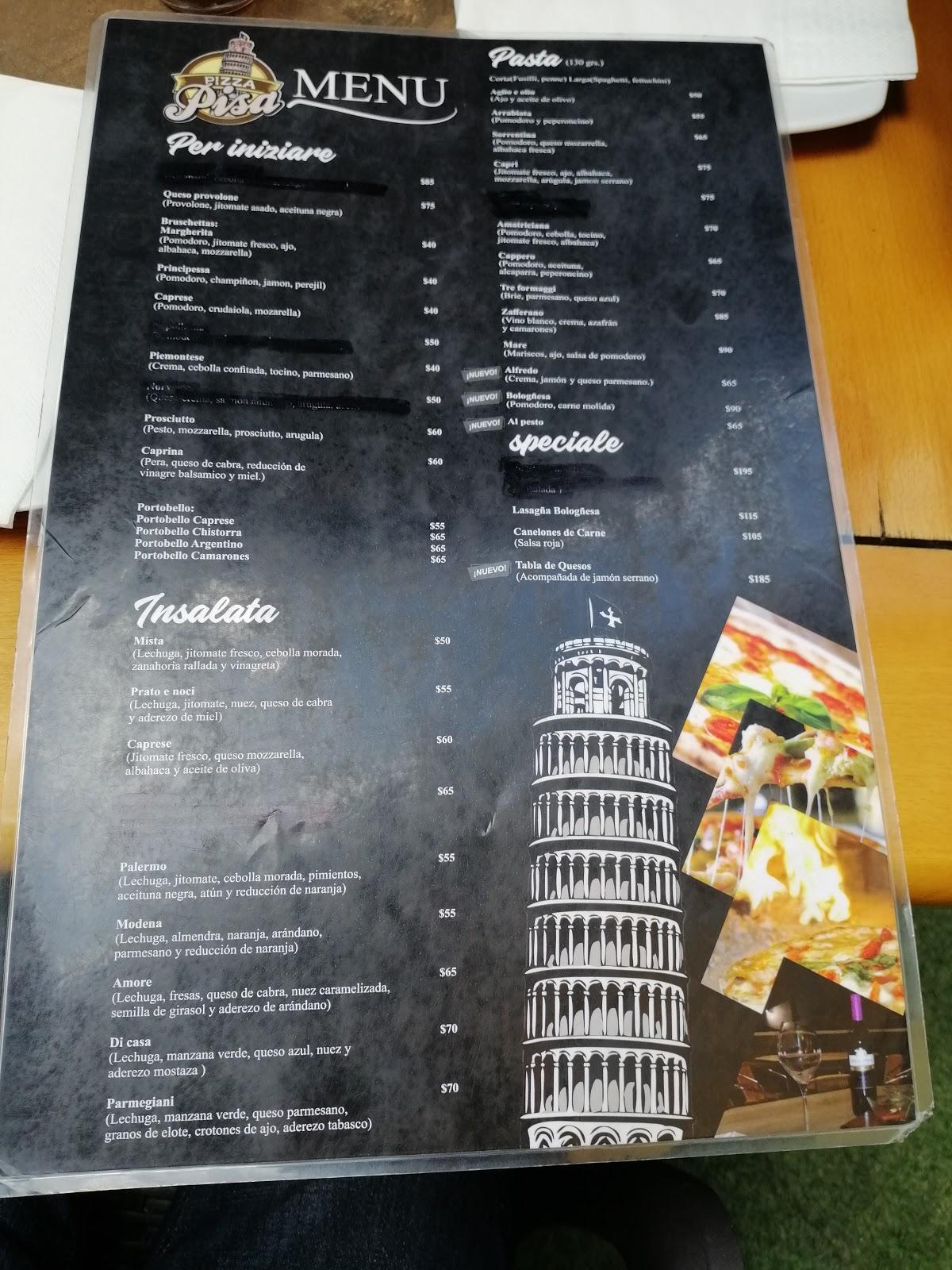 Menu at Pisa Pizza pizzeria, Oaxaca, Miguel Hidalgo 111B