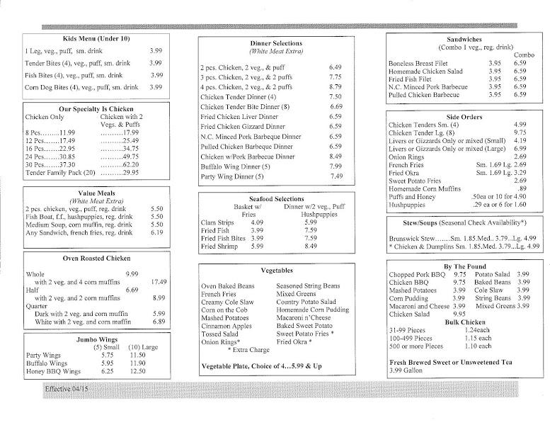 Menu at Pollard's Chicken at Battlefield Blvd. restaurant, Chesapeake ...