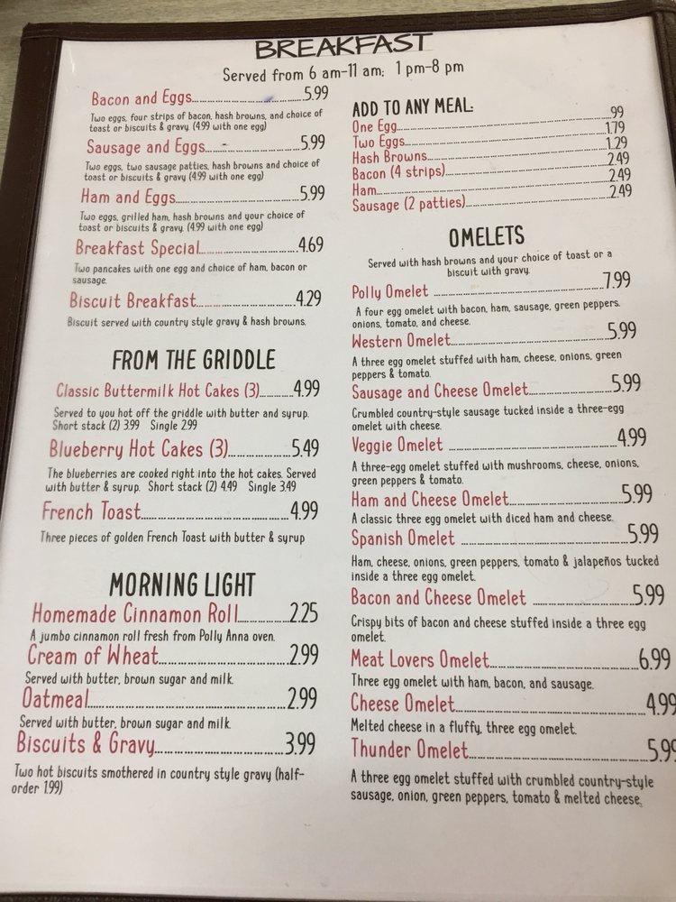 Menu at Polly Anna Cafe, Woodward