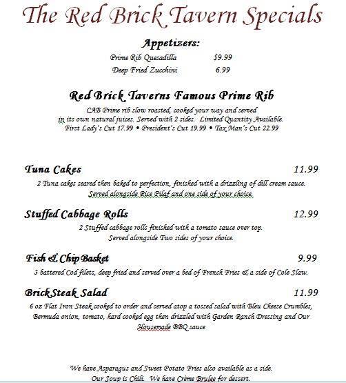 Menu at Red Brick Tavern pub & bar, London, Cumberland St