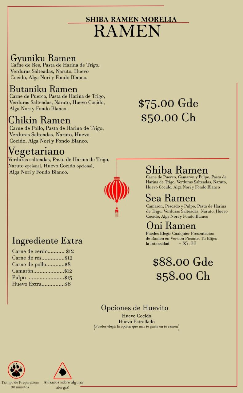 Menu at Shiba Ramen Morelia, Morelia