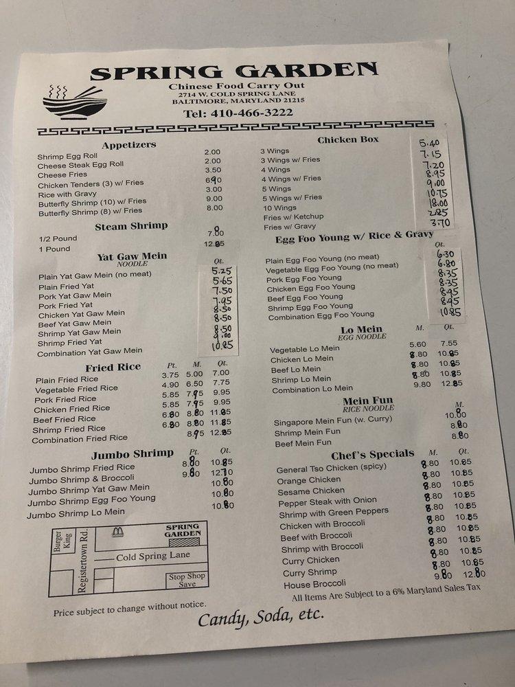 Menu at Spring Garden Carry Out restaurant, Baltimore