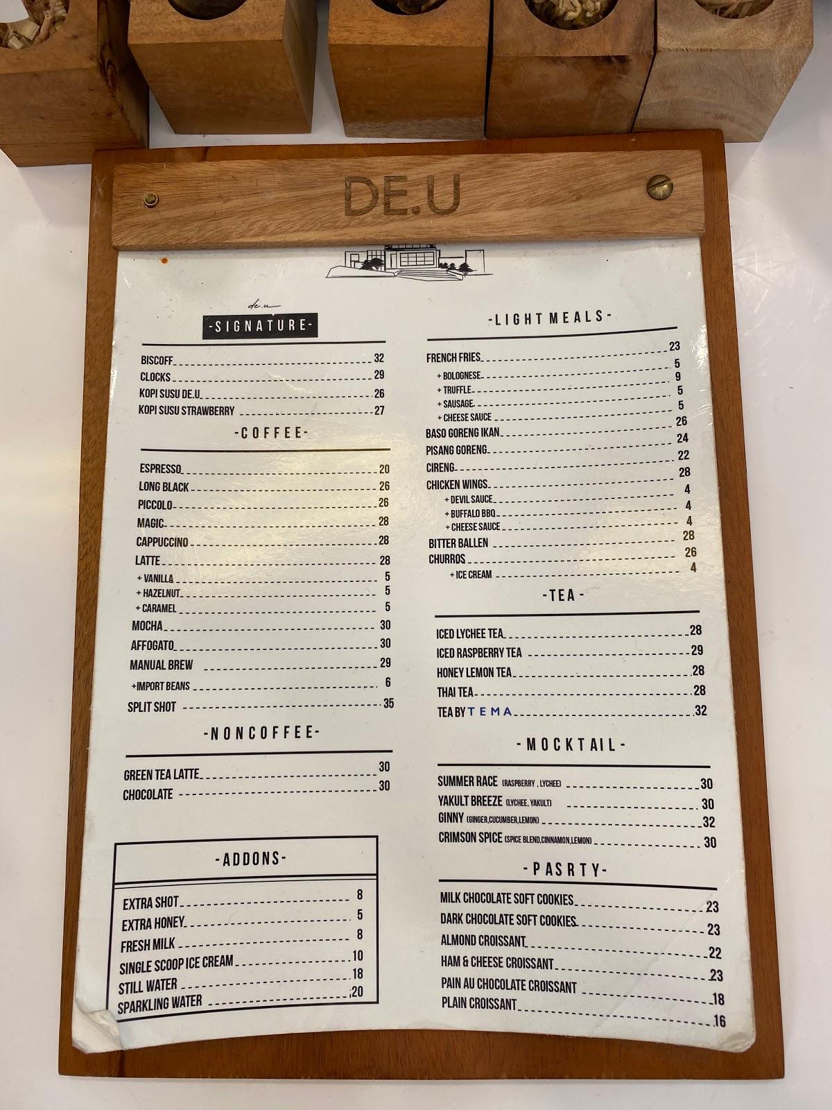 Menu at de.u Coffee cafe, Bandung