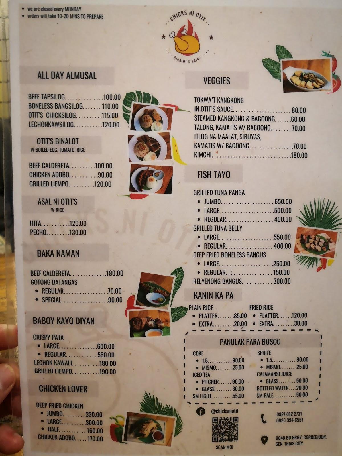Menu at Chicks ni Otit restaurant, General Trias