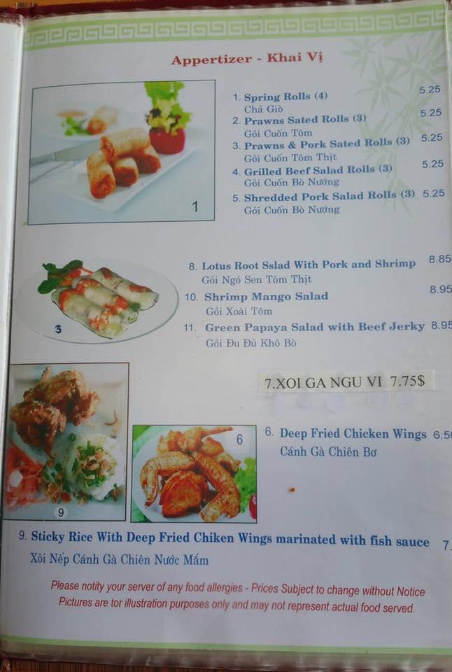 Menu at Da Nang Restaurant, Toronto
