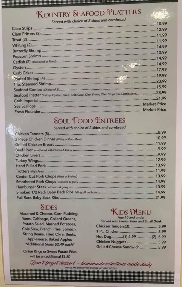 Menu at Kendall's Kountry Kitchen restaurant, Onley, Charles M Lankford ...