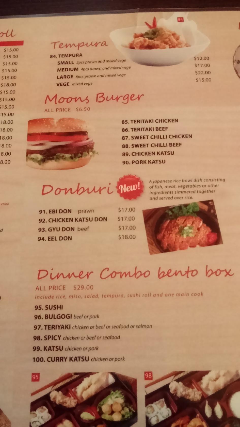 Menu at Moon's Sushi restaurant, Nowra