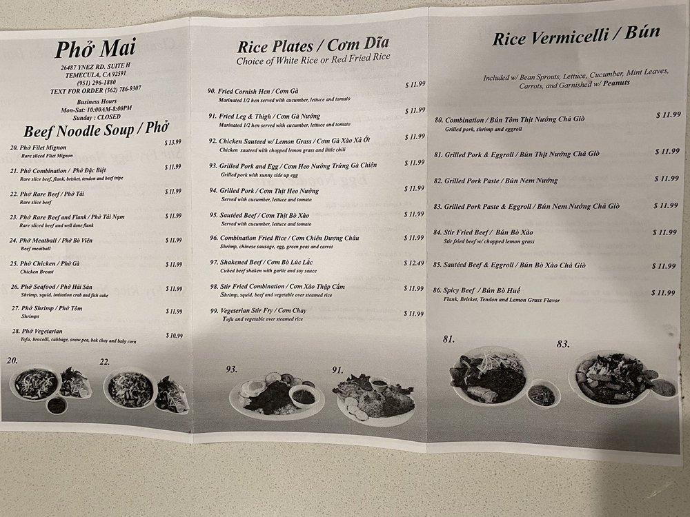 Menu at Pho Mai Vietnamese Gourmet restaurant, Temecula