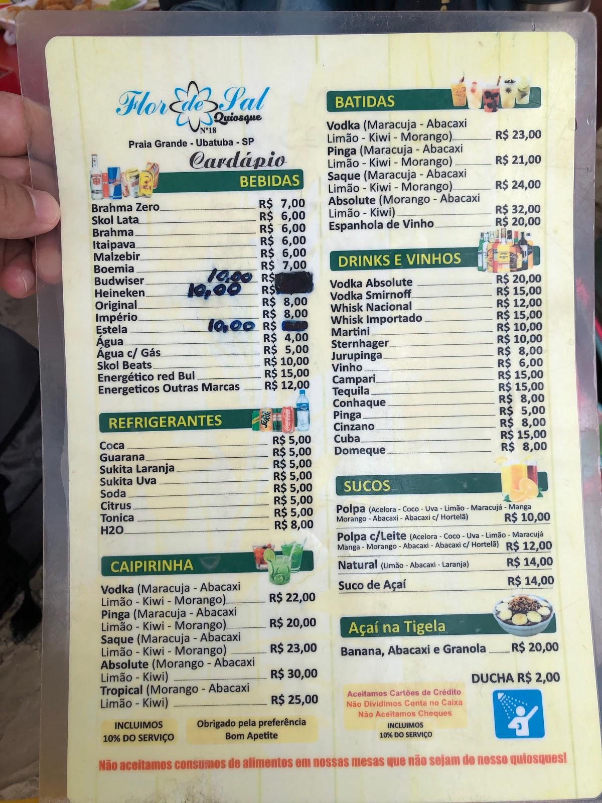 Menu at Quiosque Flor de Sal pub & bar, Ubatuba, Av. Armando Barros Pereira