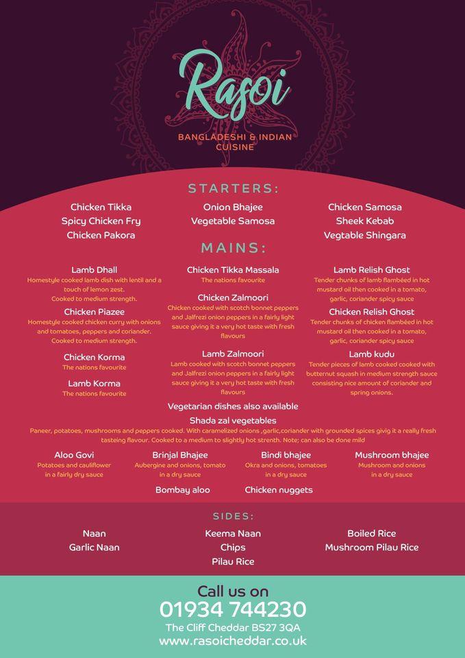 Menu at Rasoi Indian Restaurant, Cheddar