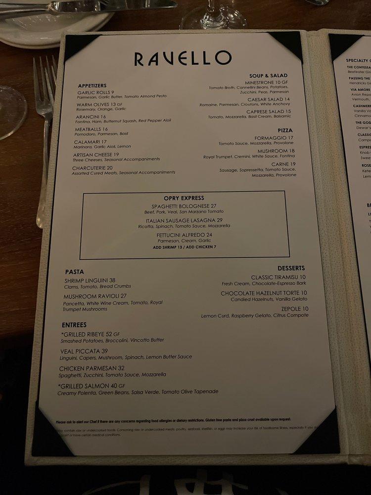 Menu at Ravello restaurant, Nashville, Opryland Dr