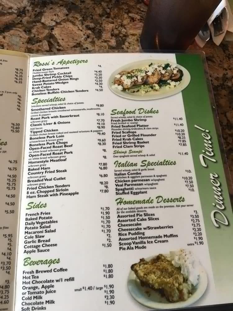 Menu at Rossi's Diner restaurant, South Daytona