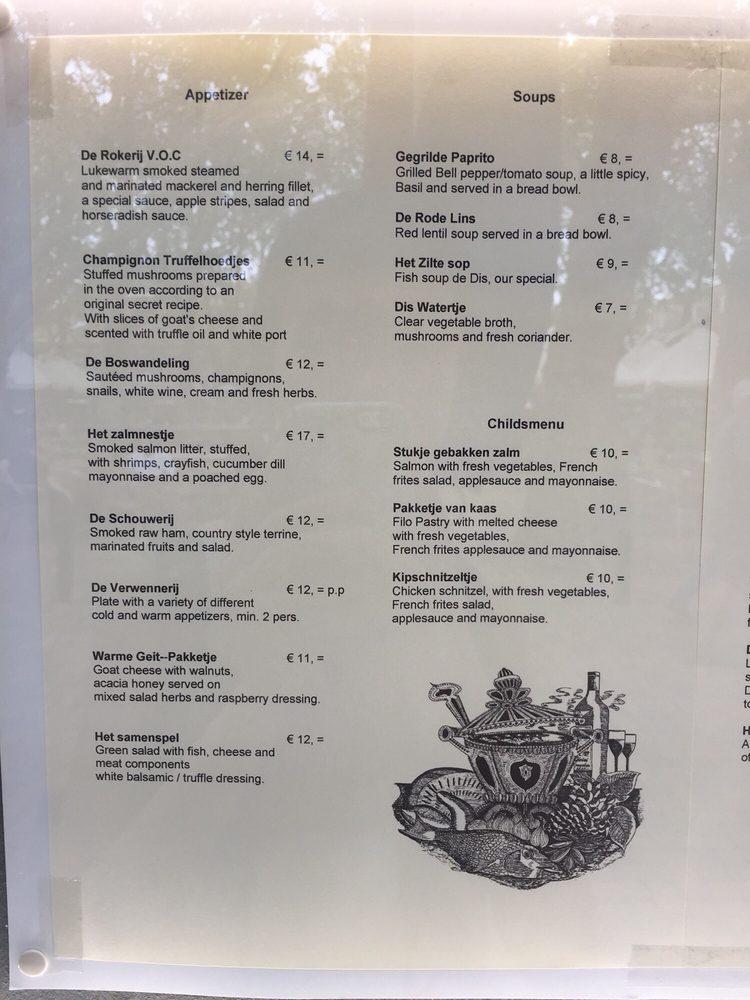 Menu at Spijshuis De Dis, Delft
