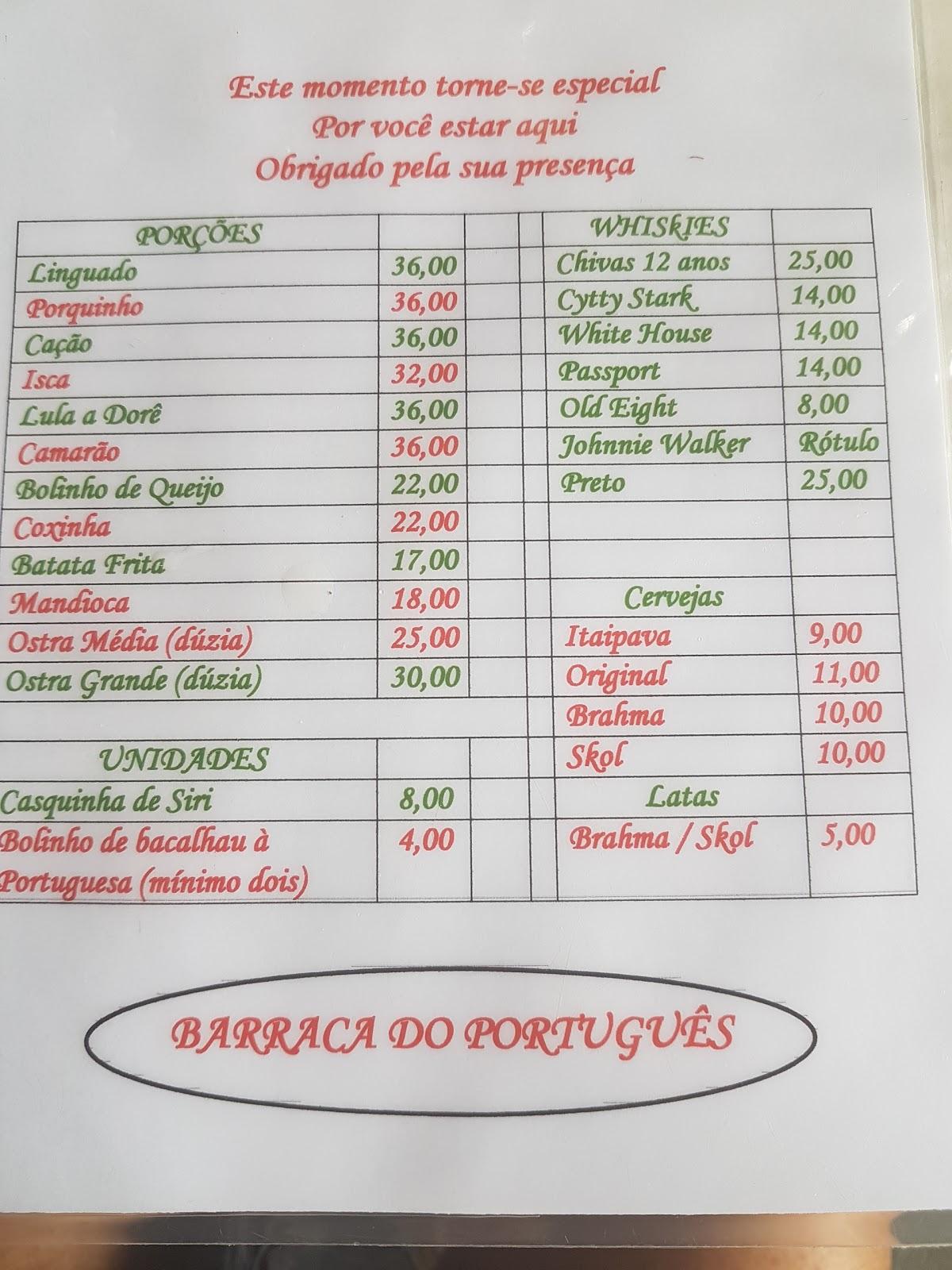Menu em Barraca do Português, Peruíbe