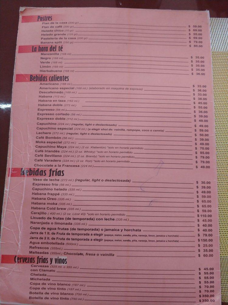 Carta de Café La Habana, Ciudad de México, Calle Morelos 62