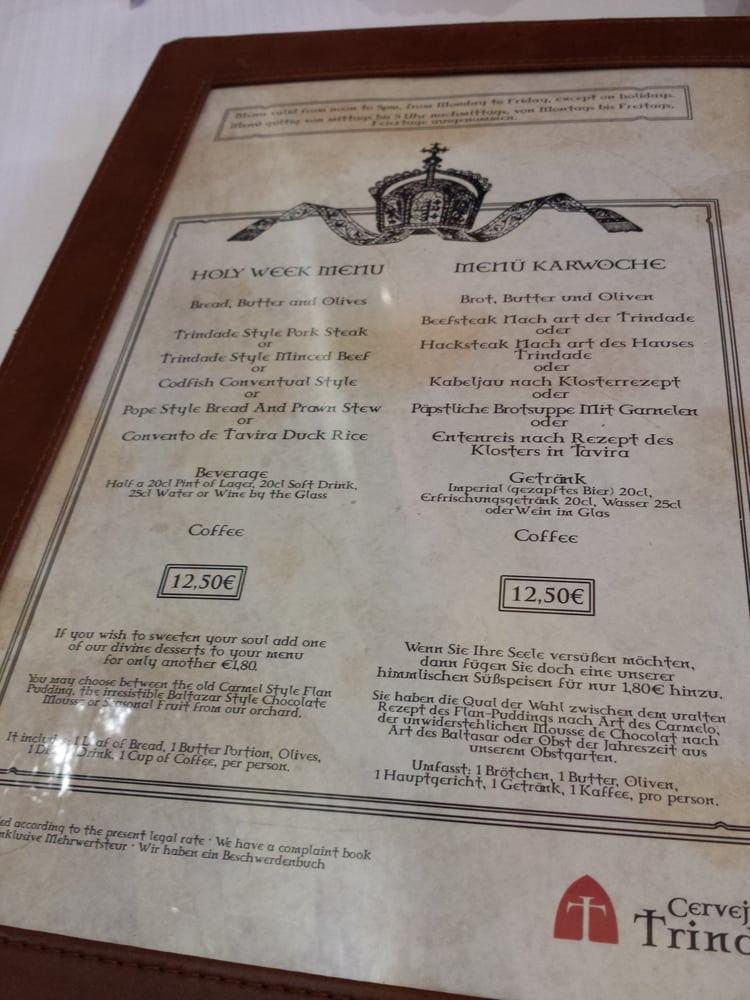 Menu at Trindade restaurant, Lisbon, R. Nova da Trindade 20 C