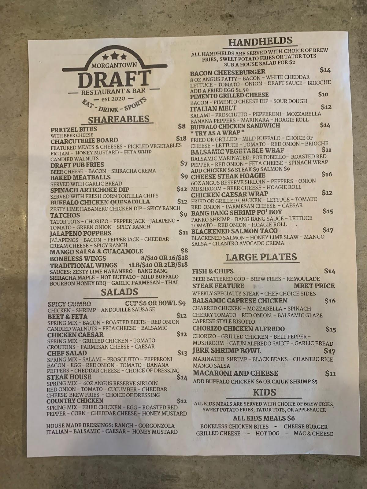 Menu at Draft pub & bar, Morgantown