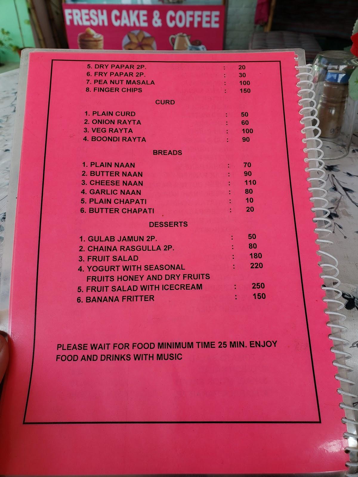 Menu at le rose cafe, Khajuraho