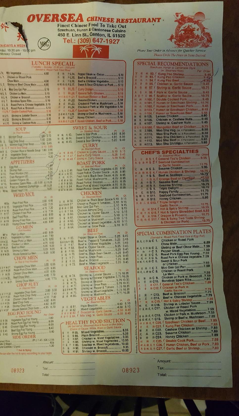 Menu at Oversea Chinese Restaurant, Canton