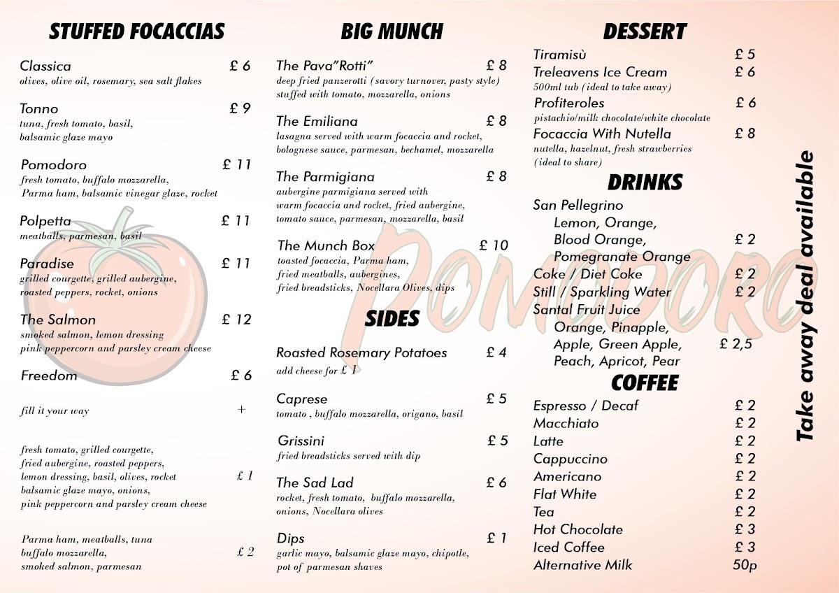 Menu at Pomodoro restaurant, Falmouth