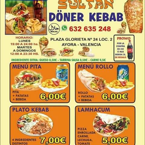 Menu at Sultan Döner Kebab restaurant, Ayora