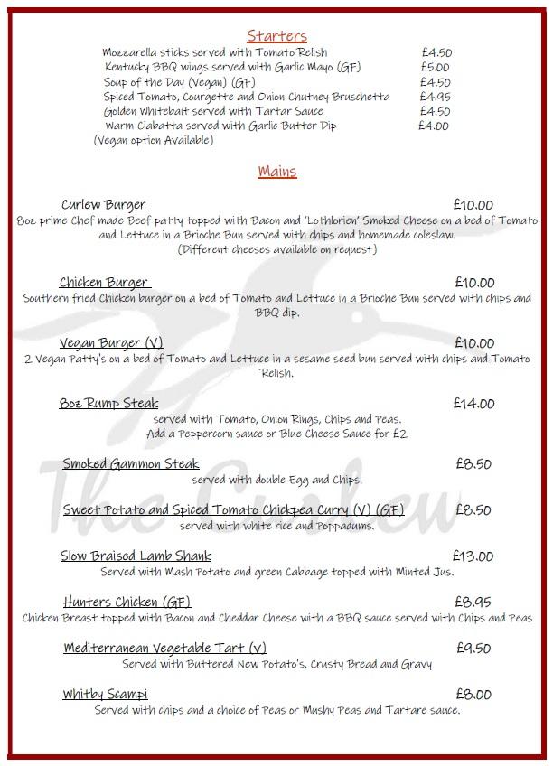 Menu at The Curlew pub & bar, South Woodham Ferrers