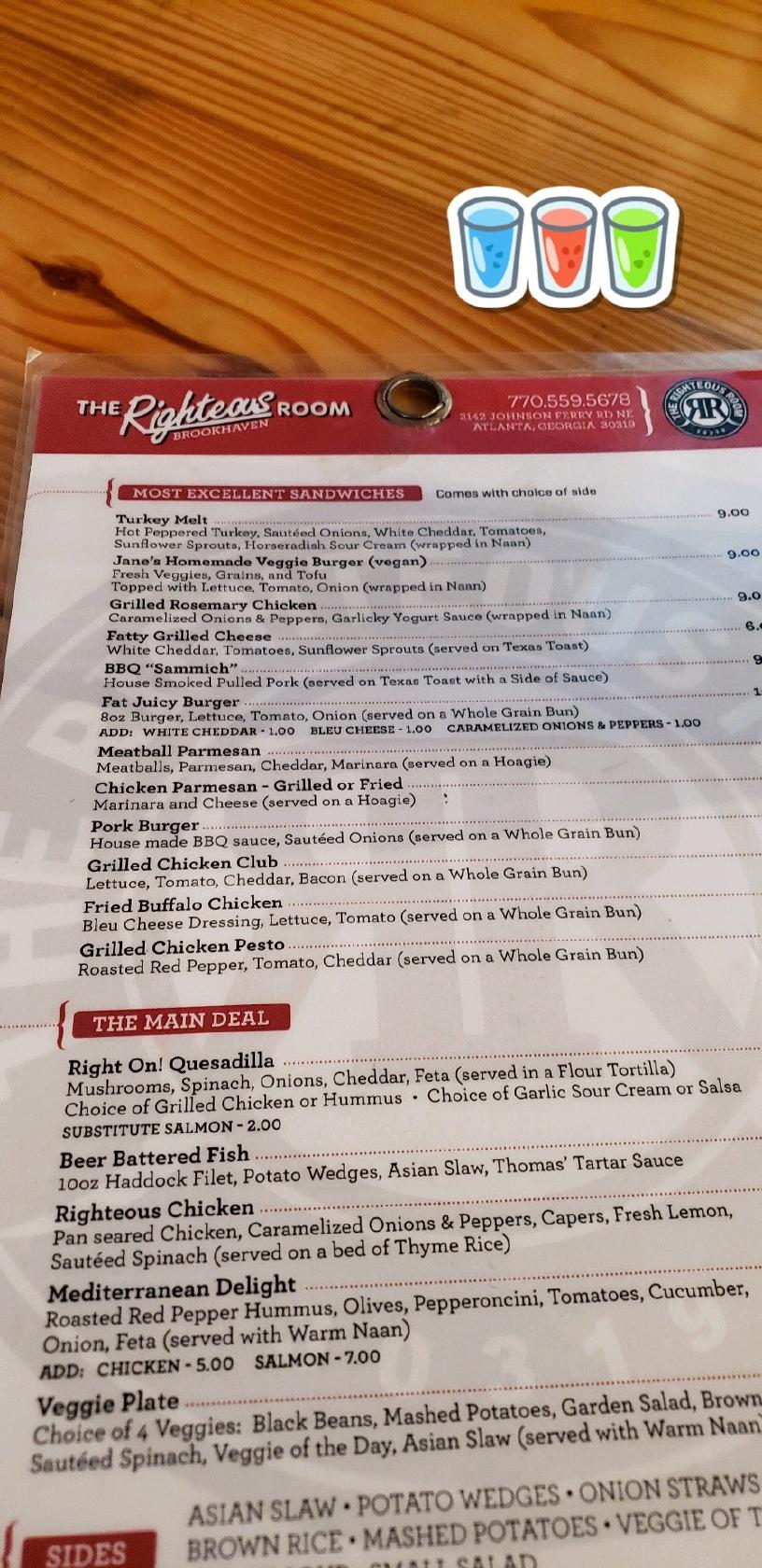 Menu at The Righteous Room pub & bar, Brookhaven, Johnson Ferry Rd NE
