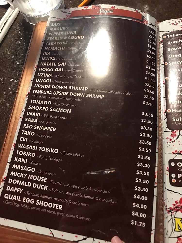 Menu at Tokyo Sushi restaurant, Reno