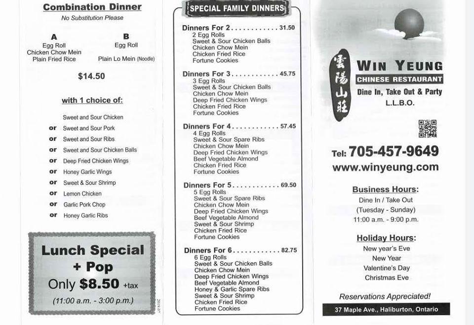 Menu at Win Yeung Chinese Restaurant, Haliburton