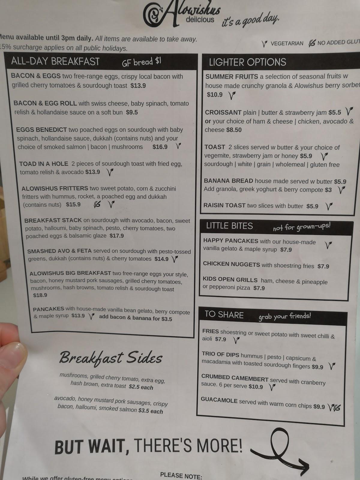 Menu at Alowishus Delicious restaurant, Bundaberg Central