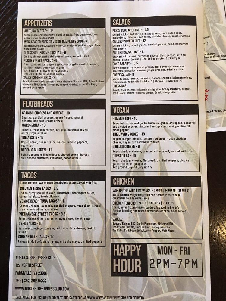Menu at North Street Press Club, Farmville