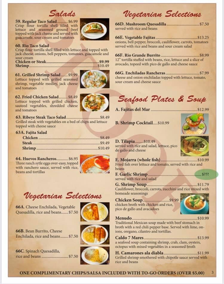 Menu at Rio Grande Mexican restauran /Purvis ms restaurant, Purvis