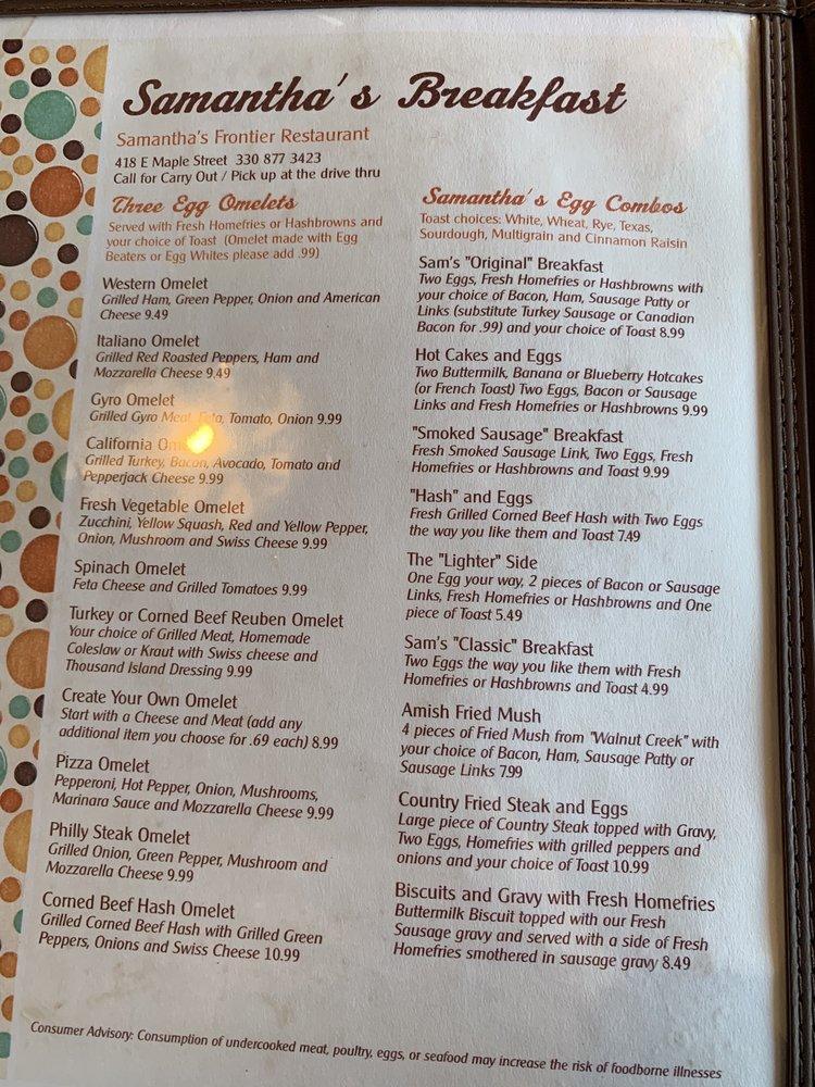 Menu at Samanthas Frontier Restaurant, Hartville