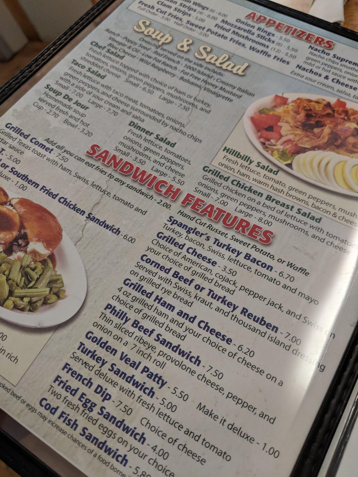 Menu at Spangler's Family Restaurant, Jonesville