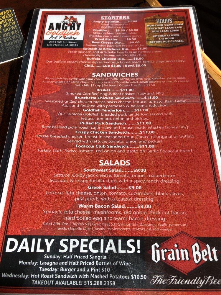 Menu at Angry Goldfish Pub & Eatery, Des Moines