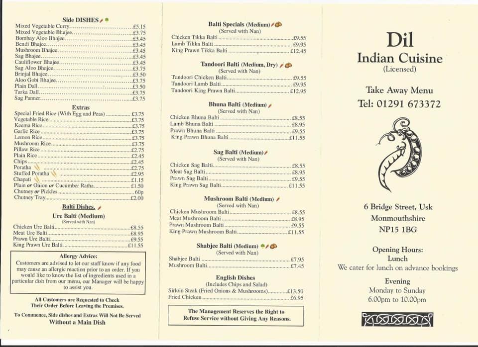 Menu at Dil Indian Cuisine restaurant, Usk