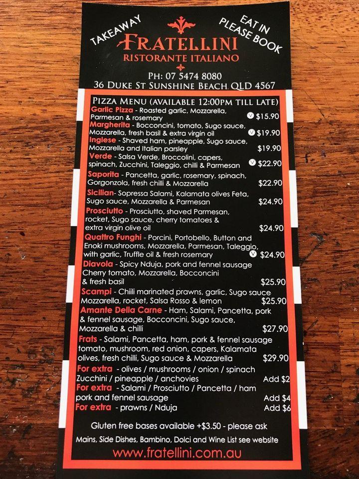 Menu at Fratellini Ristorante Italiano restaurant, Sunshine Beach