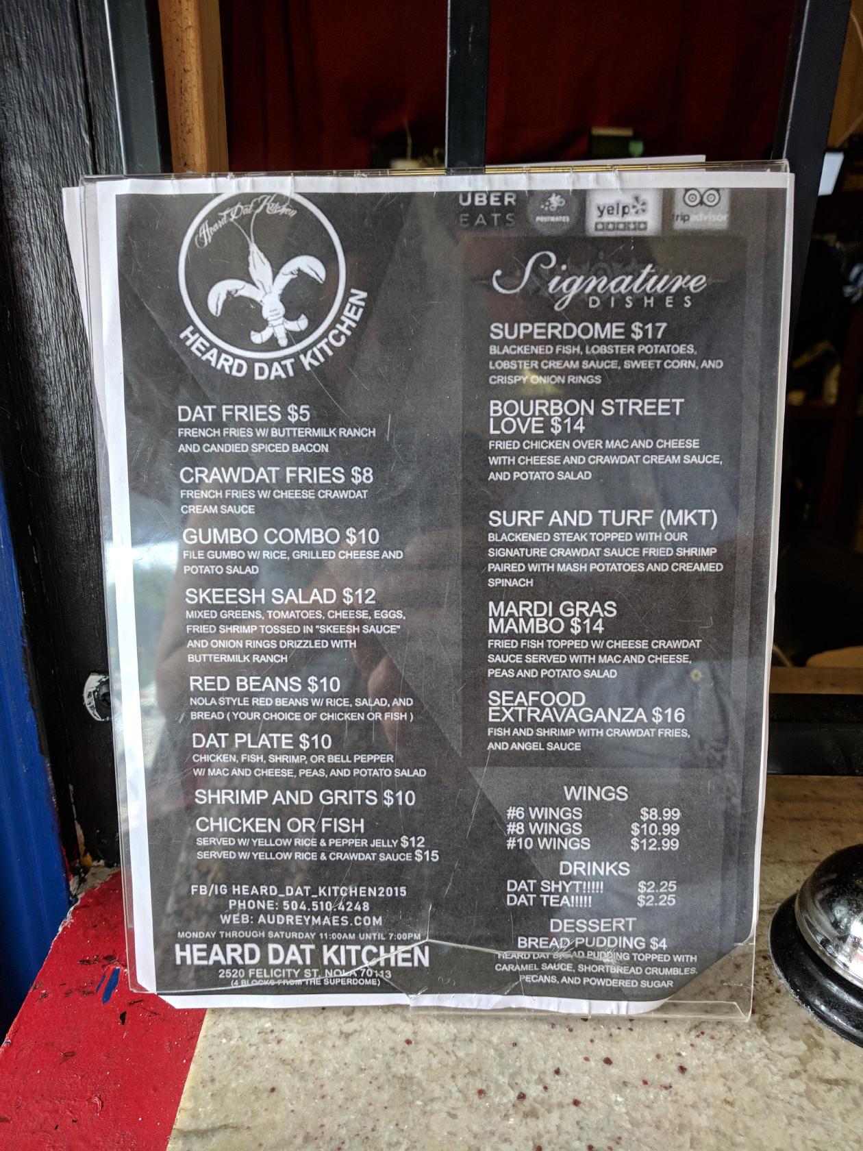 Menu at Heard Dat Kitchen restaurant, New Orleans