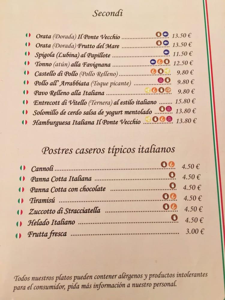 Menu at Il Ponte Vecchio restaurant, Guadalajara