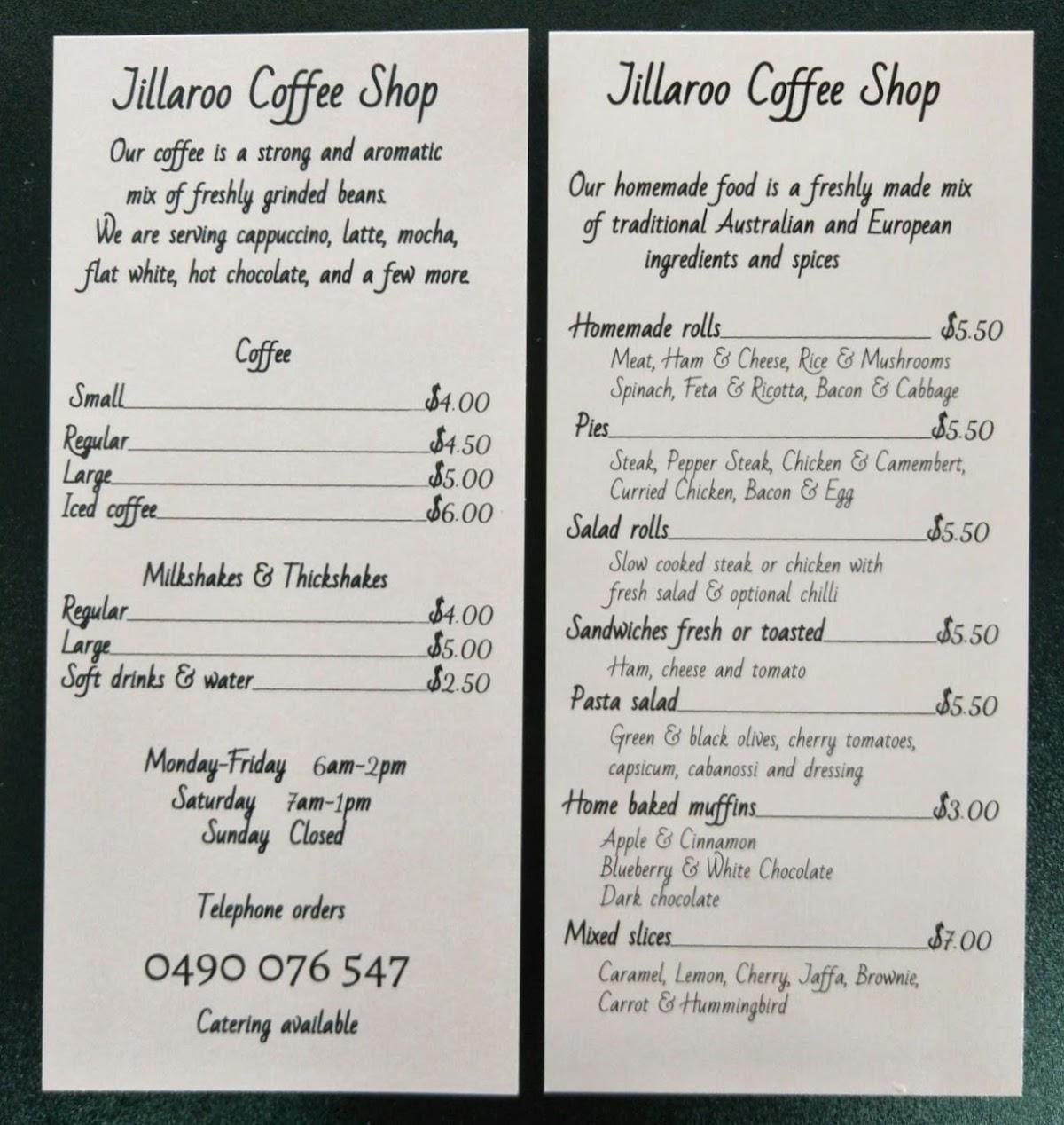 Menu at Jillaroo Coffee Shop - Cafe, Moree