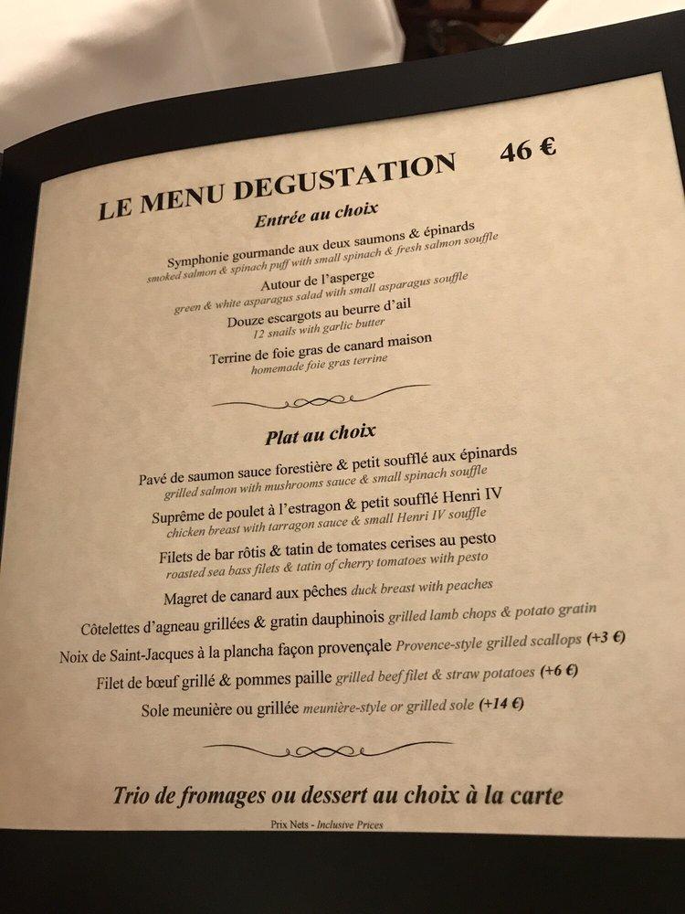 Menu at Le Soufflé restaurant, Paris, 36 Rue du Mont Thabor