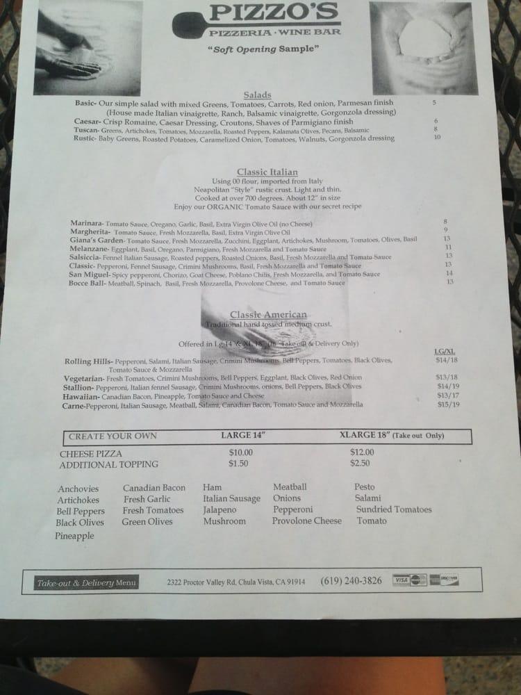 Menu at Pizzo's Pizzeria and Wine Bar, Chula Vista