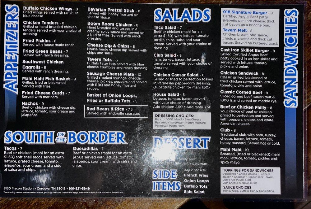 Menu at Tavern 018 pub & bar, Memphis