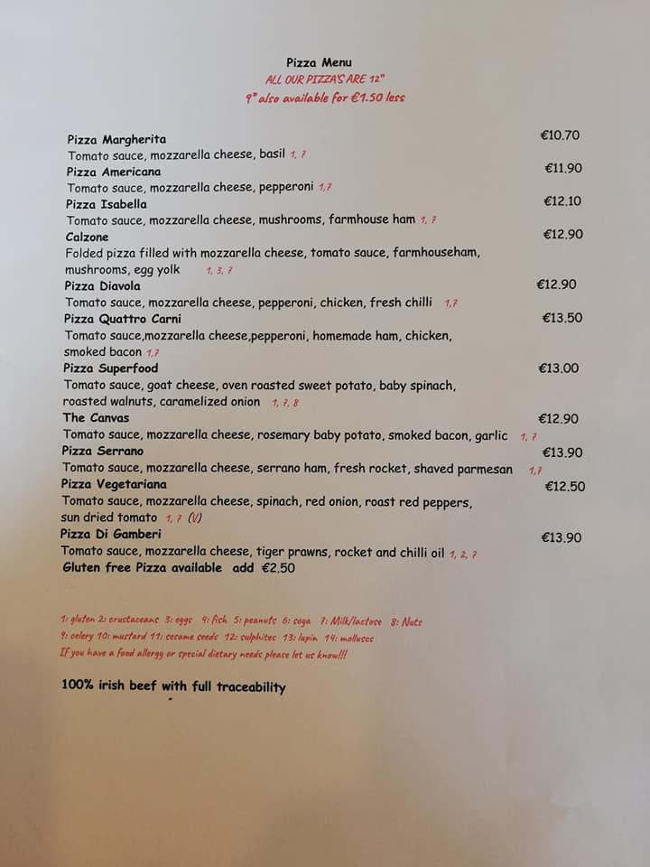 Menu at The Canvas Café cafe, Ireland