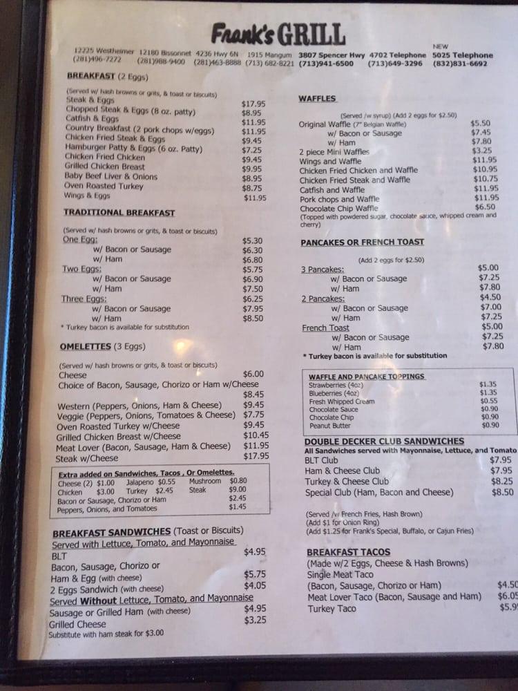 Menu at Frank's Grill restaurant, Houston, Telephone Rd # 100