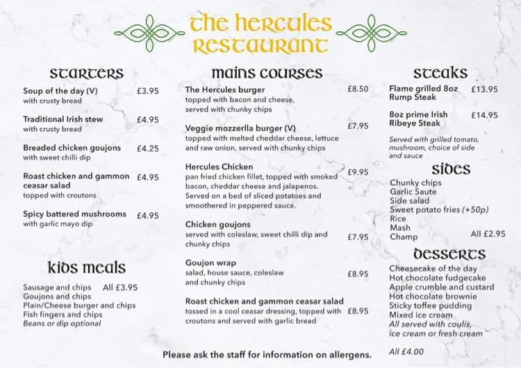Menu at The Hercules Bar, Belfast