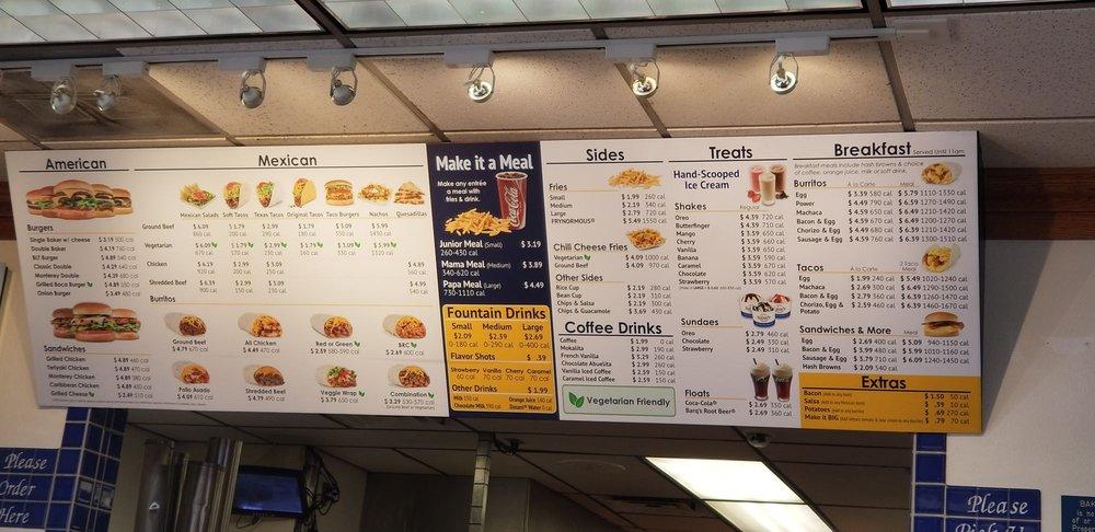 Menu at Baker's Drive-Thru restaurant, Redlands, W Colton Ave