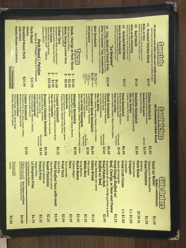 Menu at La Sorpresa Latina Cuban Cafe, Naples